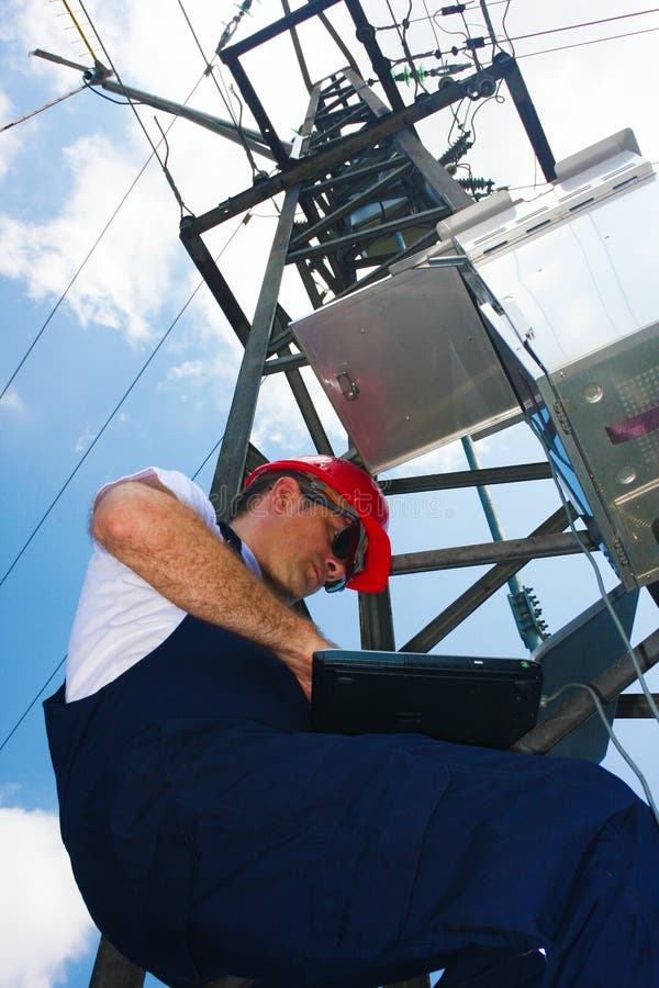 Power Electrician Lineman at Work on Pole Stock Image - Image of safety ...