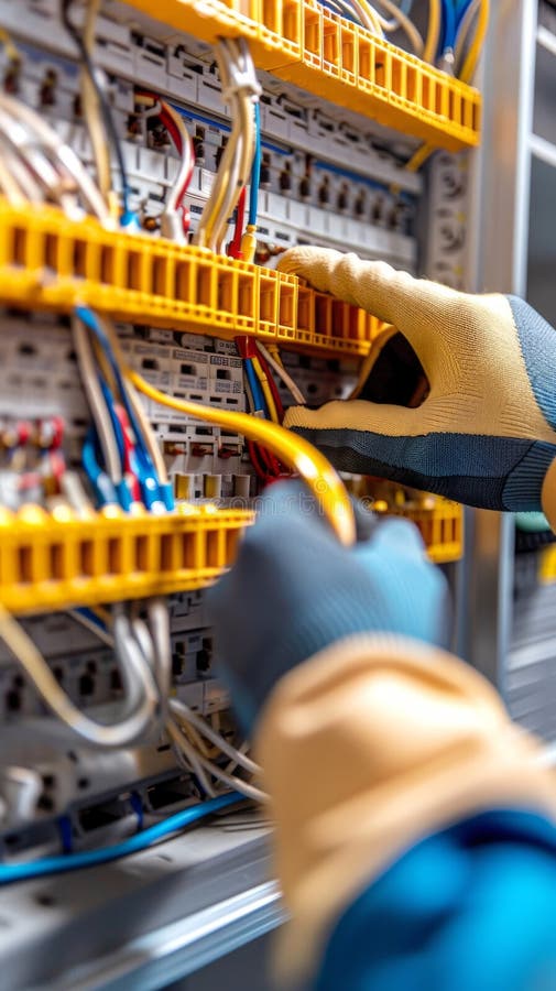Electrician S Gloved Hands Adjusting Wiring in an Electrical Panel ...