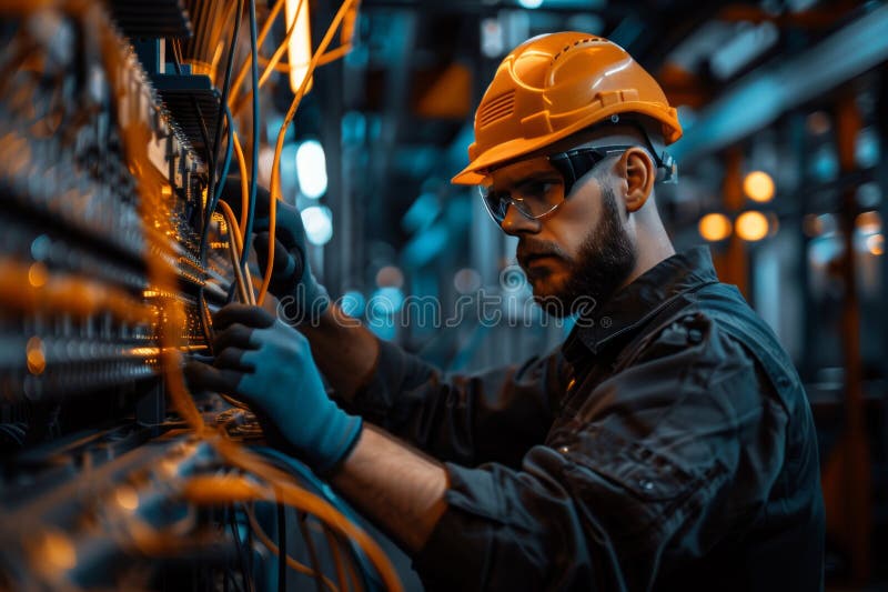 Electrician S Hands on Panel in Bright Industrial Setting, Glasses ...