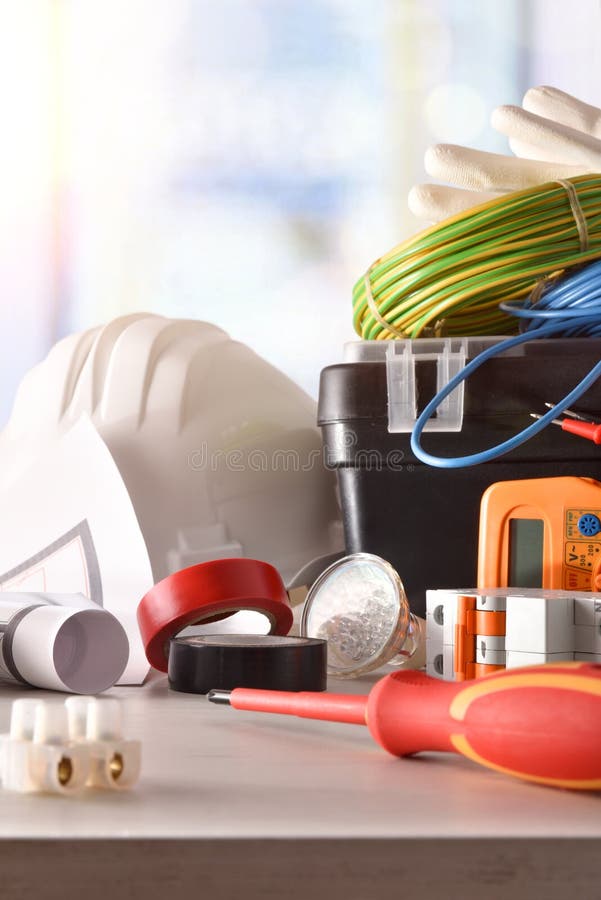 Electrician`s Office Table with Electrical Equipment Window Background ...