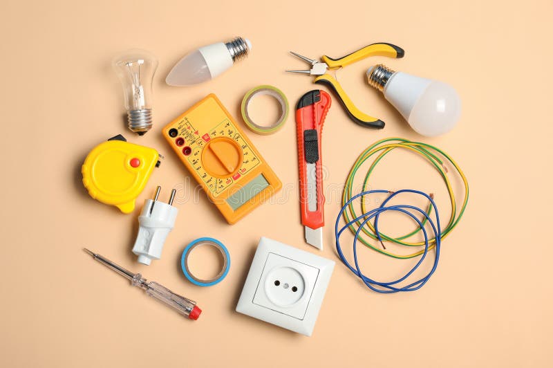 Electrician`s Tools on Color Background Stock Image - Image of measure ...
