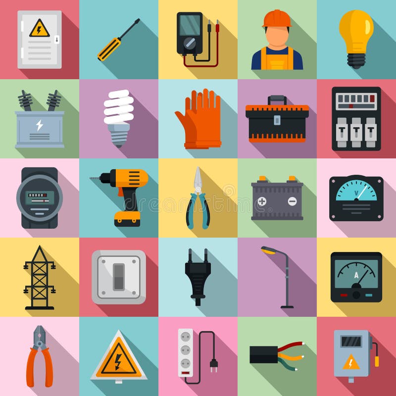 Electrician Service Icons Set, Flat Style Stock Vector - Illustration ...