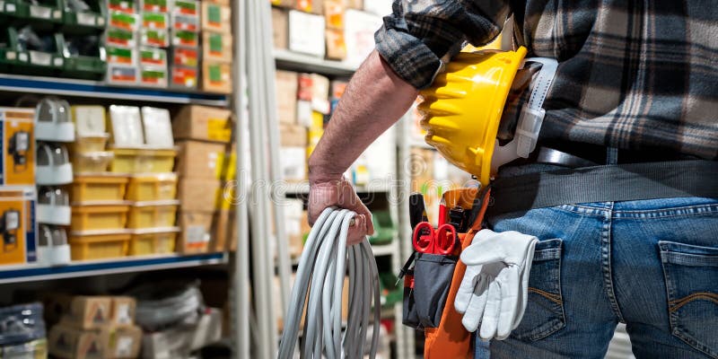 Electrician in the Store of Electrical Components. Electricity Stock ...