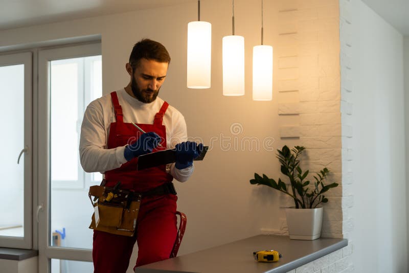 Electrician with Tablet Indoors, Lamp Stock Image - Image of computer ...