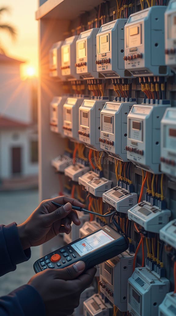 Electrician Testing Electrical Meters with Digital Device at Sunrise ...