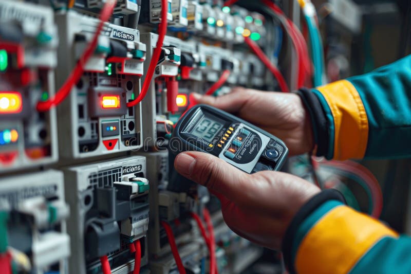 Electrician Testing Electrical Panel with Multimeter in Control Room ...