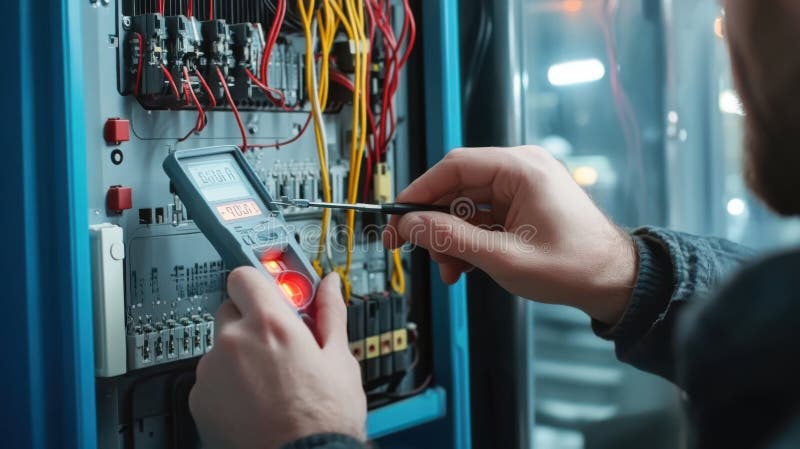 Electrician Inspecting Electrical Panel for Maintenance and Repair ...