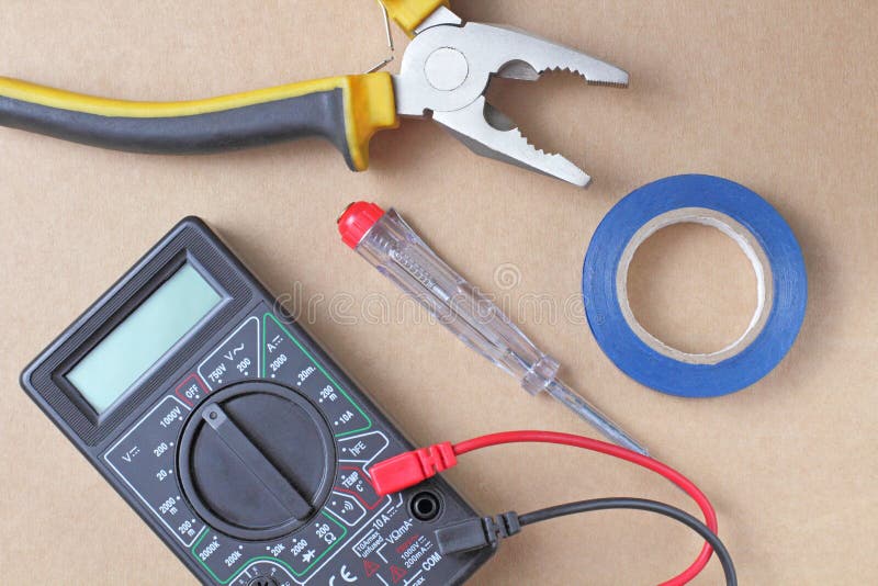 Electrician Tools and Wires on Craft Background, Flat Lay. Stock Image ...