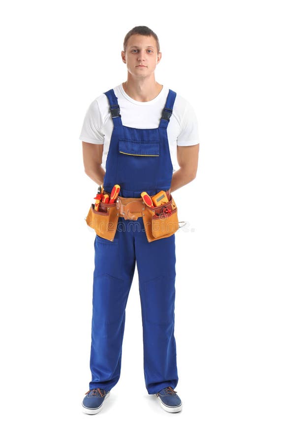 Electrician with Tools Wearing Uniform on White Stock Photo - Image of ...
