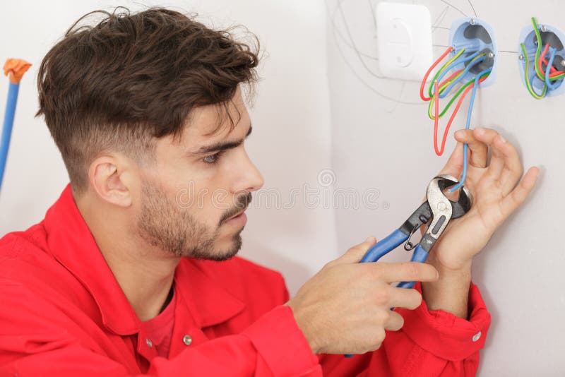 Electrician Trimming Wire with Cable Cutters Stock Photo - Image of ...