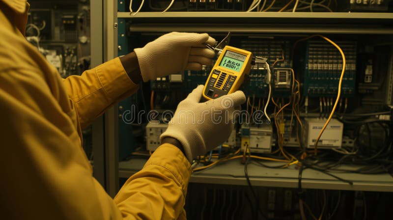 Electrician Using Digital Multimeter Measuring Voltage in Electrical ...