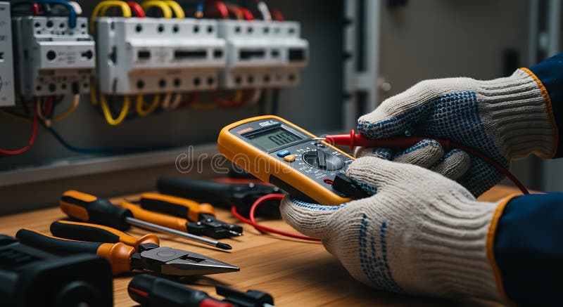 Electrician Using Multimeter Test Electrical Panel Safety Inspection ...
