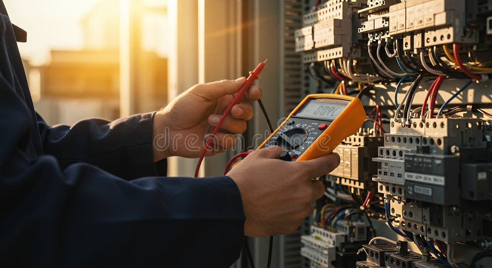 Electrician Using Multimeter on Electrical Panel - Safety Inspection ...
