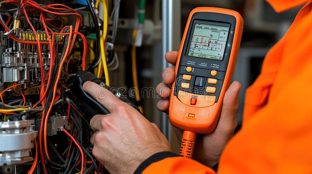 Electrician Using a Multimeter To Inspect a Complex Electrical System ...