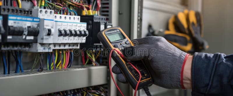 The Electrician Using a Multimeter To Test Wiring in an Electrical ...