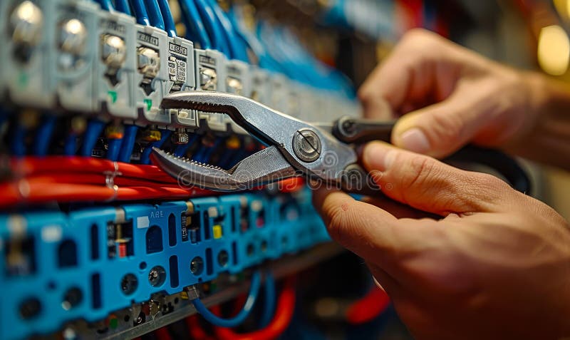 Electrician Using Pliers To Tighten Wire in Fuse Box Stock Image ...