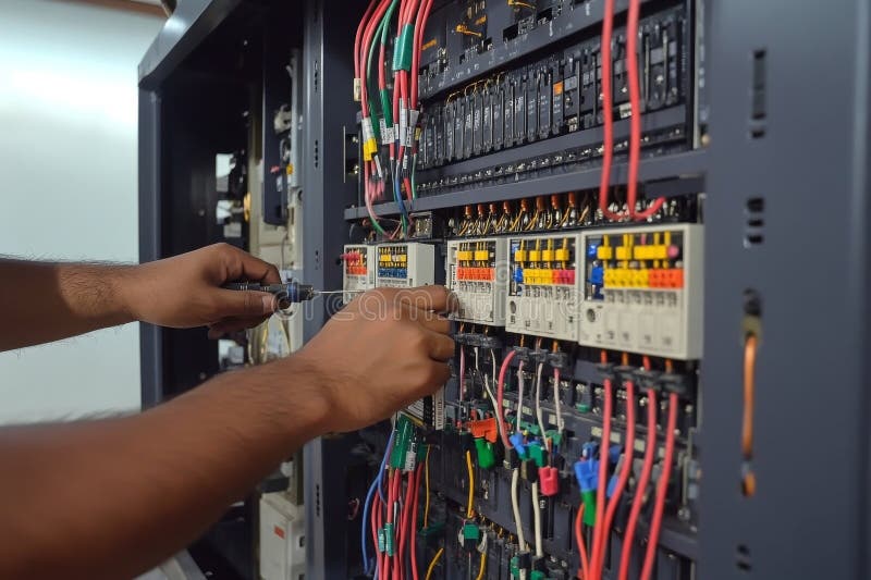 Electrician Working on Industrial Control Panel, Using Screwdriver and ...