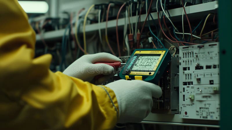 Electrician Using Digital Multimeter Performing Diagnostics of Electric ...