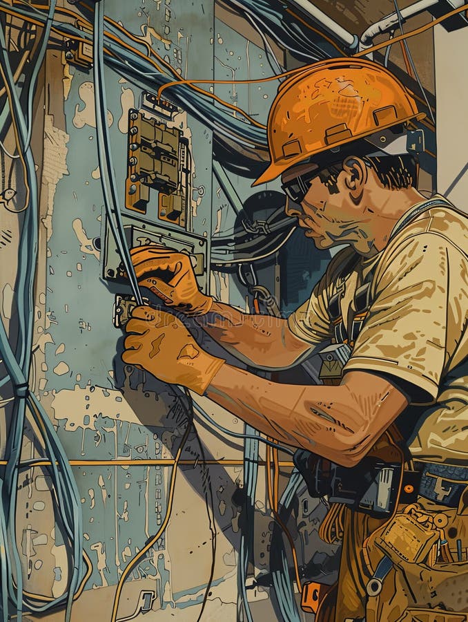 An Electrician Wearing Safety Gear Works on Electrical Wiring Inside an ...