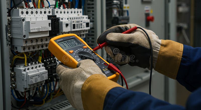 Electrician in Work Gloves Measures Voltage with Multimeter on ...