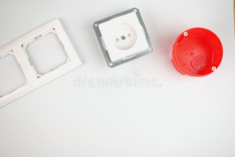 Electrician. White Socket, Socket Cover and Red Socket Box. Renovation ...