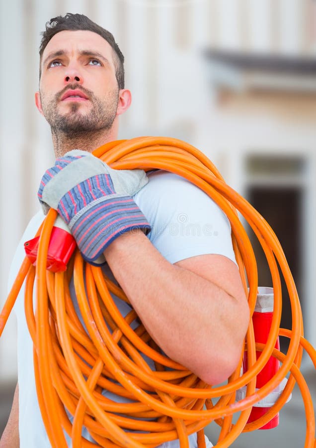 Electrician with Wires Cables on Building Site Stock Image - Image of ...