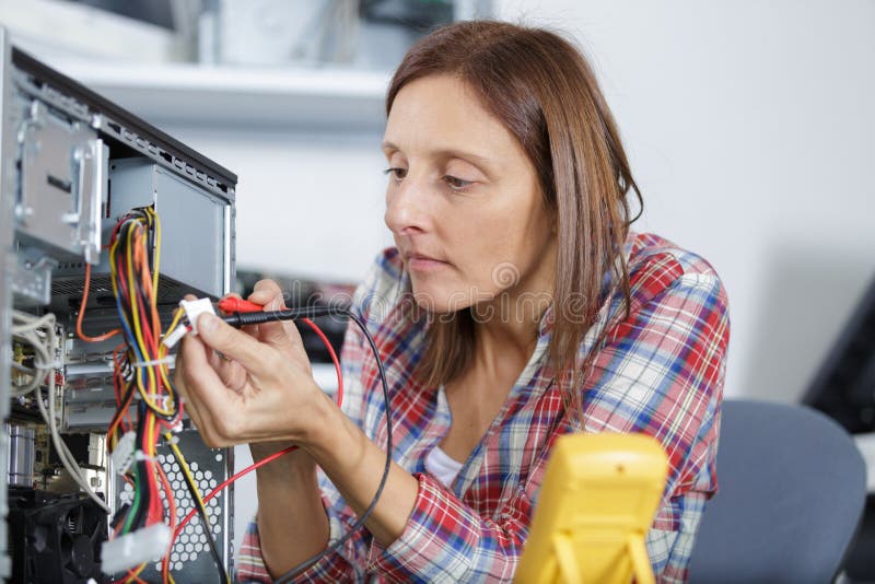 Electrician Woman Fixing Pc Stock Image - Image of repair, computer ...