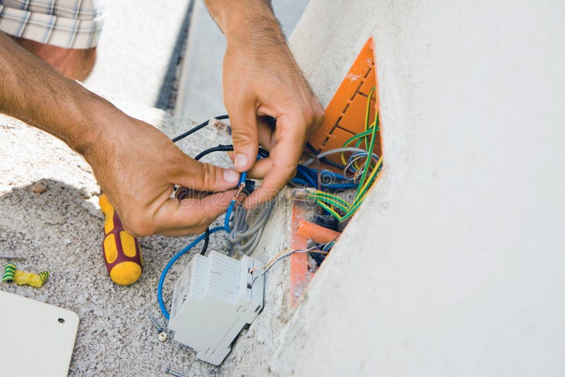 Electrian at Work in Building Site Stock Photo - Image of electric ...