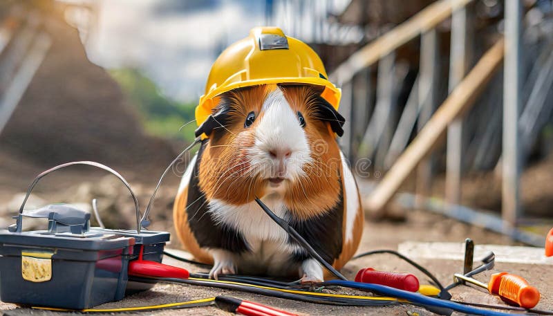 Electrician at Work on Construction Site. Guinea Pig Wearing Helmet ,ai ...