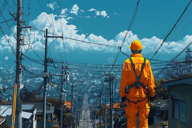 Electrician at Work: Realistic Scene with Power Lines Stock ...