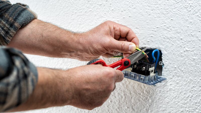 Electrician at Work on a Residential Electrical System. Electricity ...