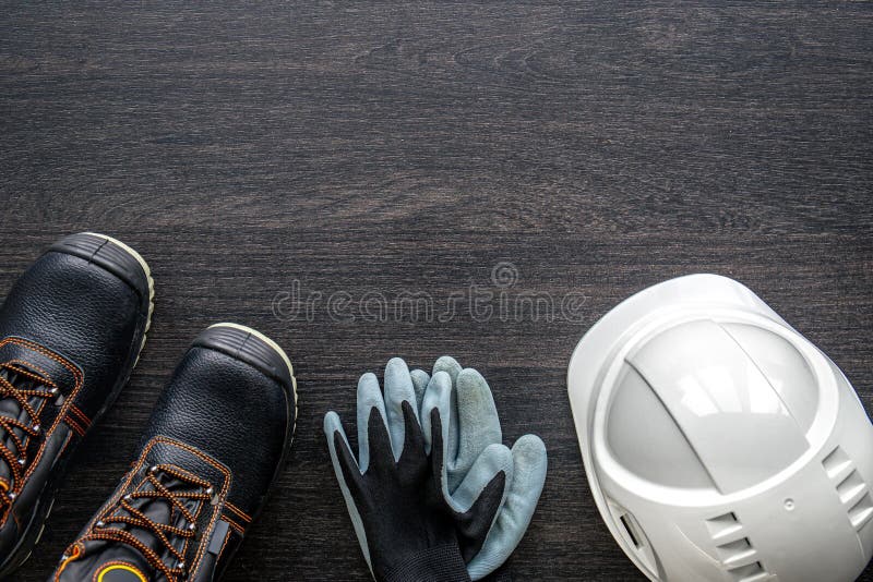 Electrician Work Uniform Items on a Wooden Background, Top View. Stock ...