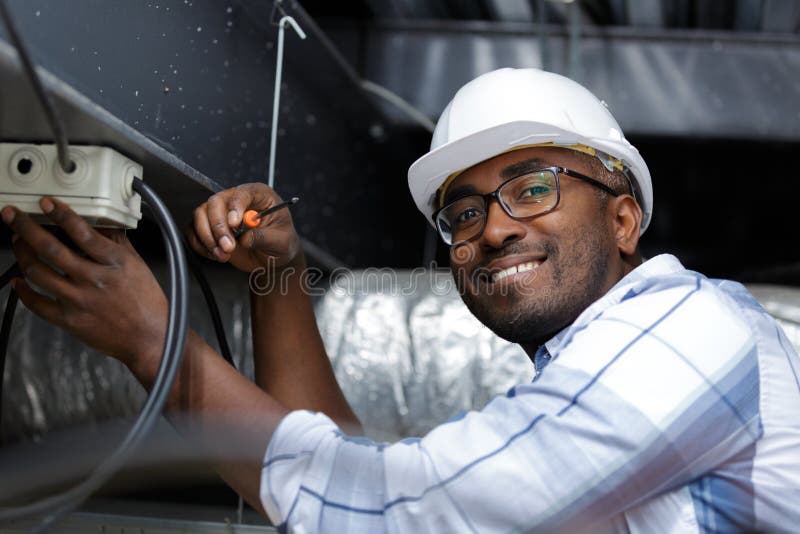 Electrician Worker Cabling Ceiling Stock Photo - Image of labor ...