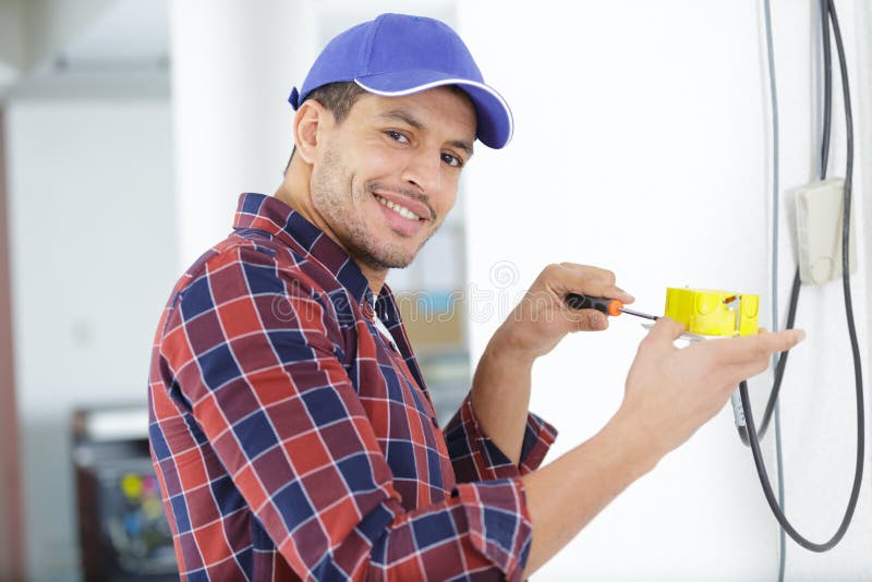 Electrician Worker during Cabling Stock Photo - Image of electricalbox ...