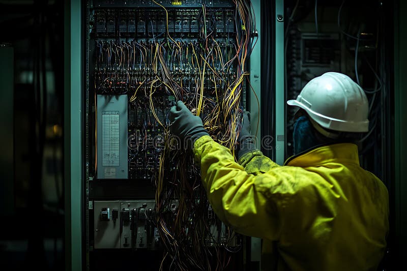 Electrician Working on Complex Wiring in Industrial Electrical Panel ...