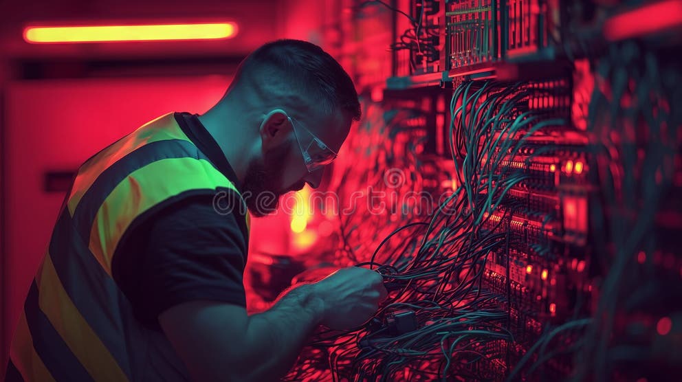 Electrician Working on Complex Wiring System in Server Room Stock Image ...