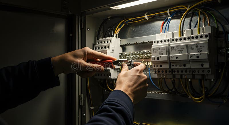 Electrician Working Complex Electrical Panel Wiring Circuit Breaker ...