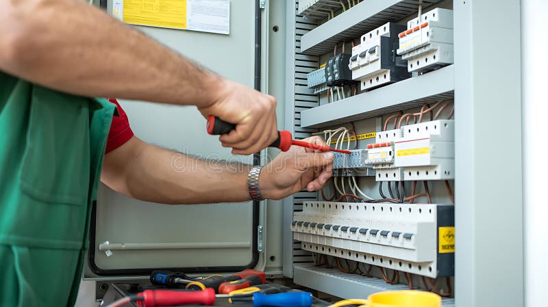 Electrician Working on Electrical Panel with Screwdriver and Tools ...