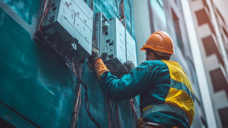 Electrician Working on Electrical Panel on the Side of a Building Stock ...
