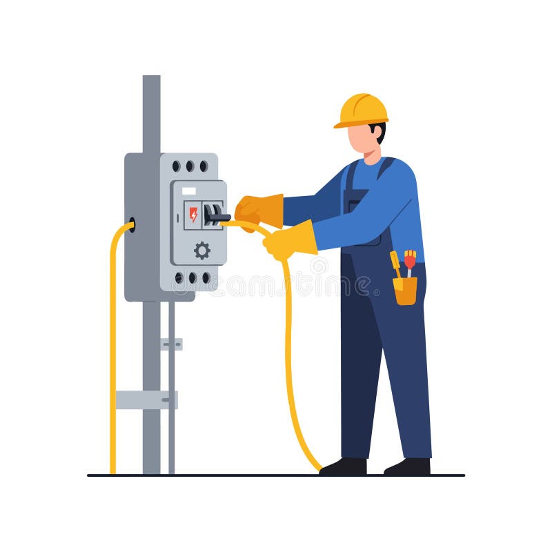 Electrician Working with Electrical Panel Wearing Safety Gear Vector ...
