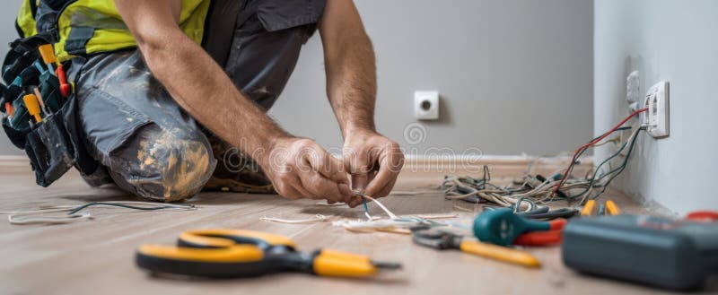 The Electrician Working on Electrical Wiring during Home Renovation ...