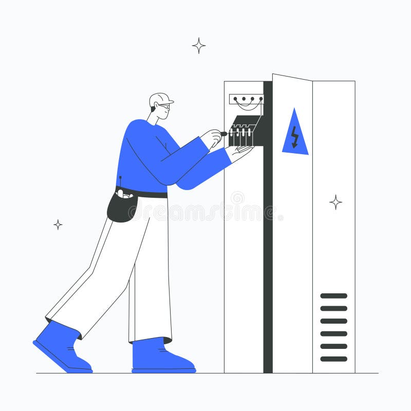 Electrician Working with Fuse Box in Flat Vector Illustration ...