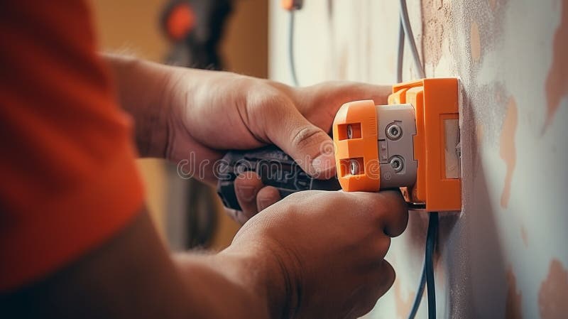 Electrician Working on a Home Electrical System, he is Installing a ...