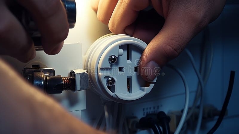 Electrician Working on a Home Electrical System, he is Installing a ...