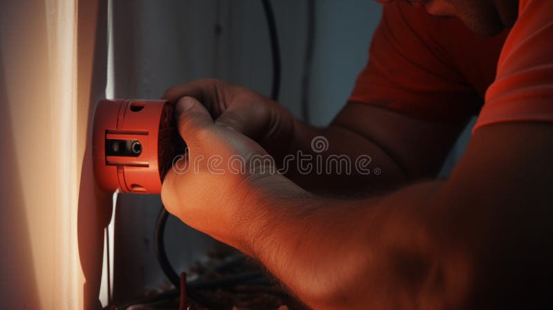 Electrician Working on a Home Electrical System, he is Installing a ...