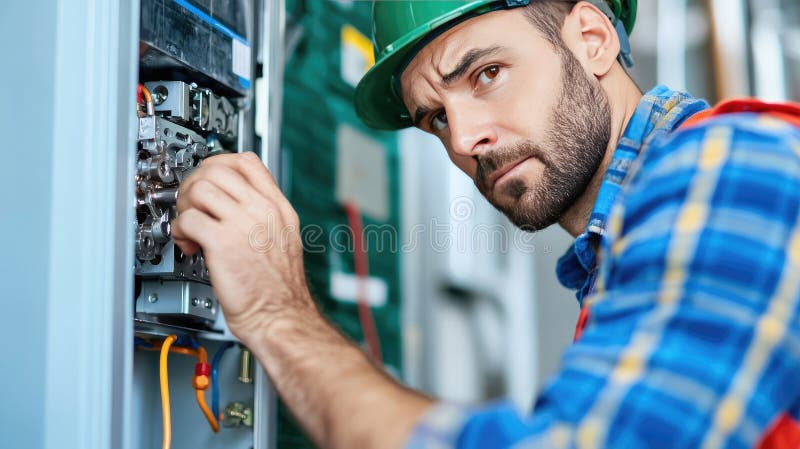 Electrician Working on Power Distribution Panel, Focused Expression ...