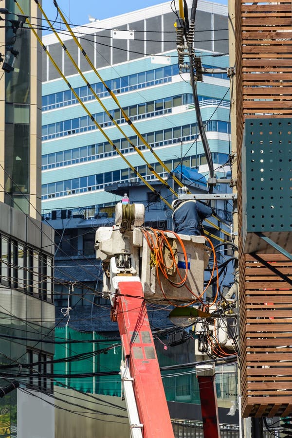 Electrician Working Repair Electricity Post Stock Photo - Image of high ...
