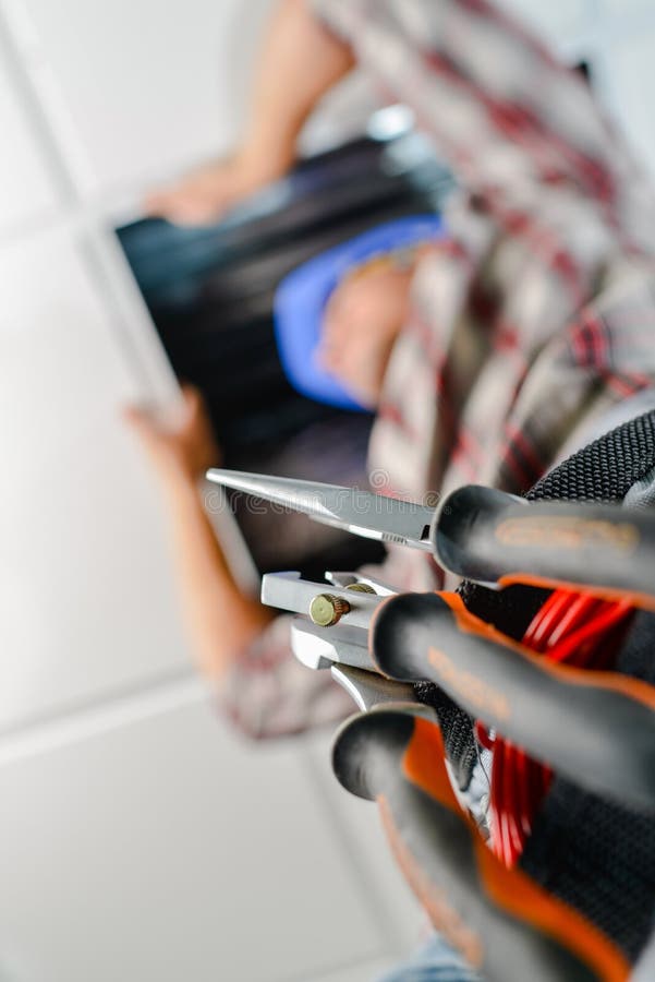 Electrician Working Up Ladder Stock Photo - Image of ground, person ...