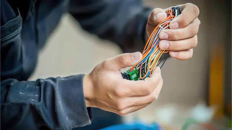 Electrician Working on Wires during Interior Construction Stock Photo ...