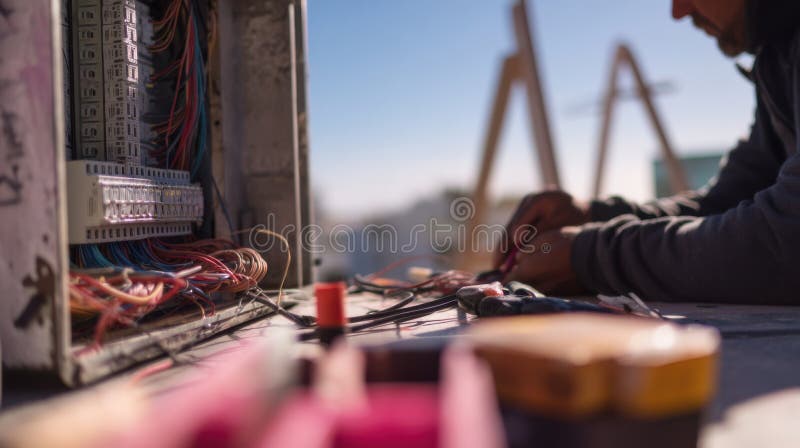 Electrician Working on Wiring Installation on a Rooftop during a Bright ...